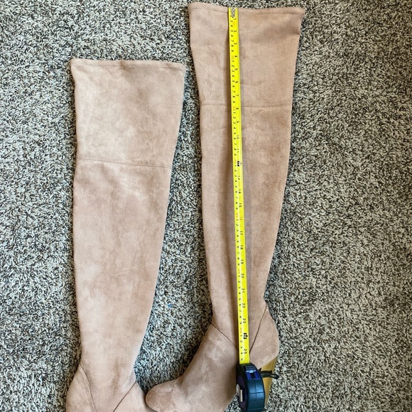 Shoes | Tan Thigh High Gold Wedge Heel Boots | Poshmark